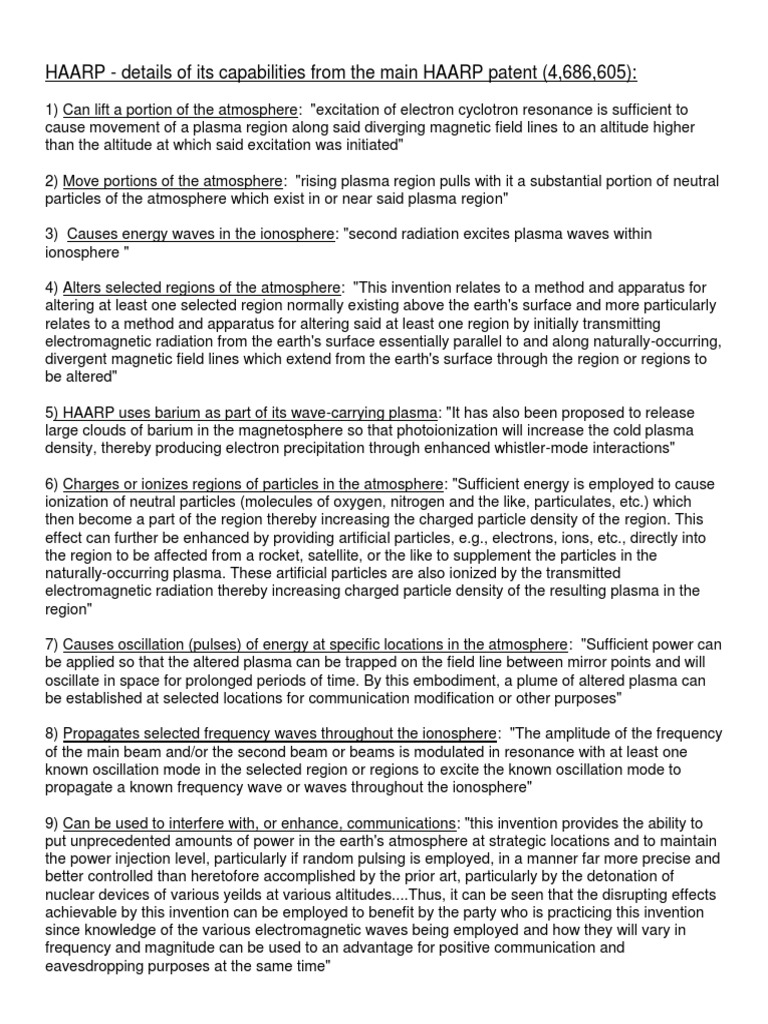 HAARP - Details of Its Capabilities From The Main HAARP Patent (4,686,605) | PDF | Ionosphere ...