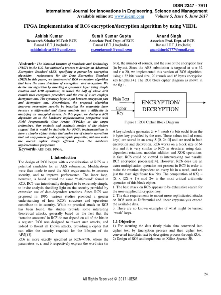 Fpga Implementation Of Rc6 Encryption Decryption Algorithm By Using 