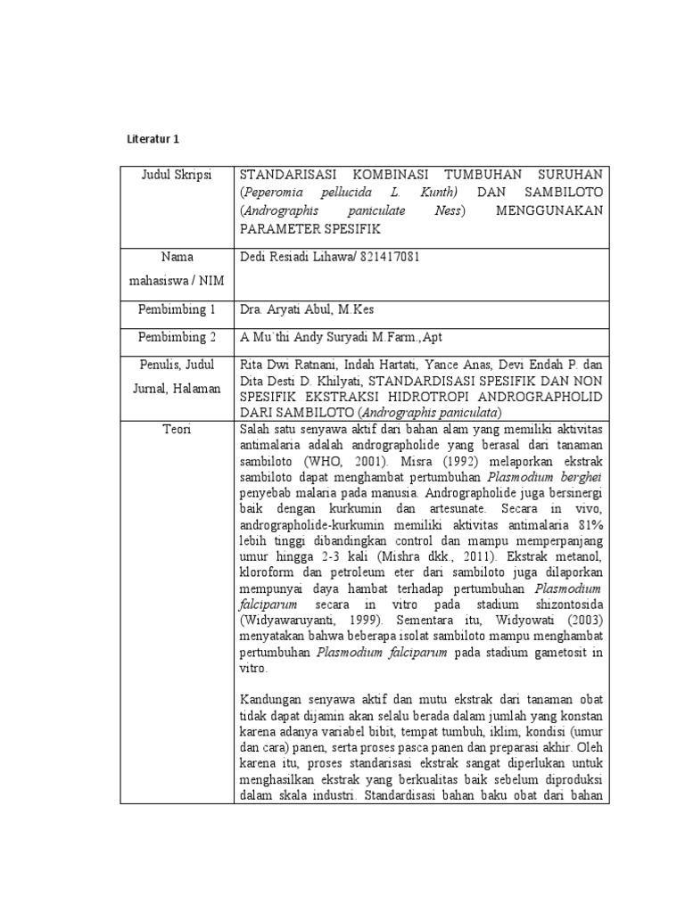 STANDARISASI PARAMETER EKSTRAK KOMBINASI TUMBUHAN SURUHAN DAN SAMBILOTO | PDF