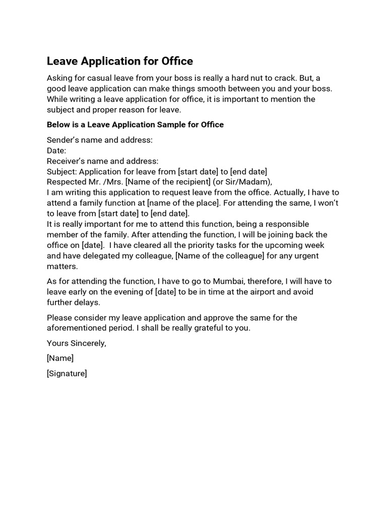 Leave Application Format For Office