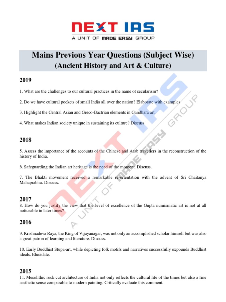 Mains Previous Year Questions (Subject Wise) : (Ancient History and Art ...
