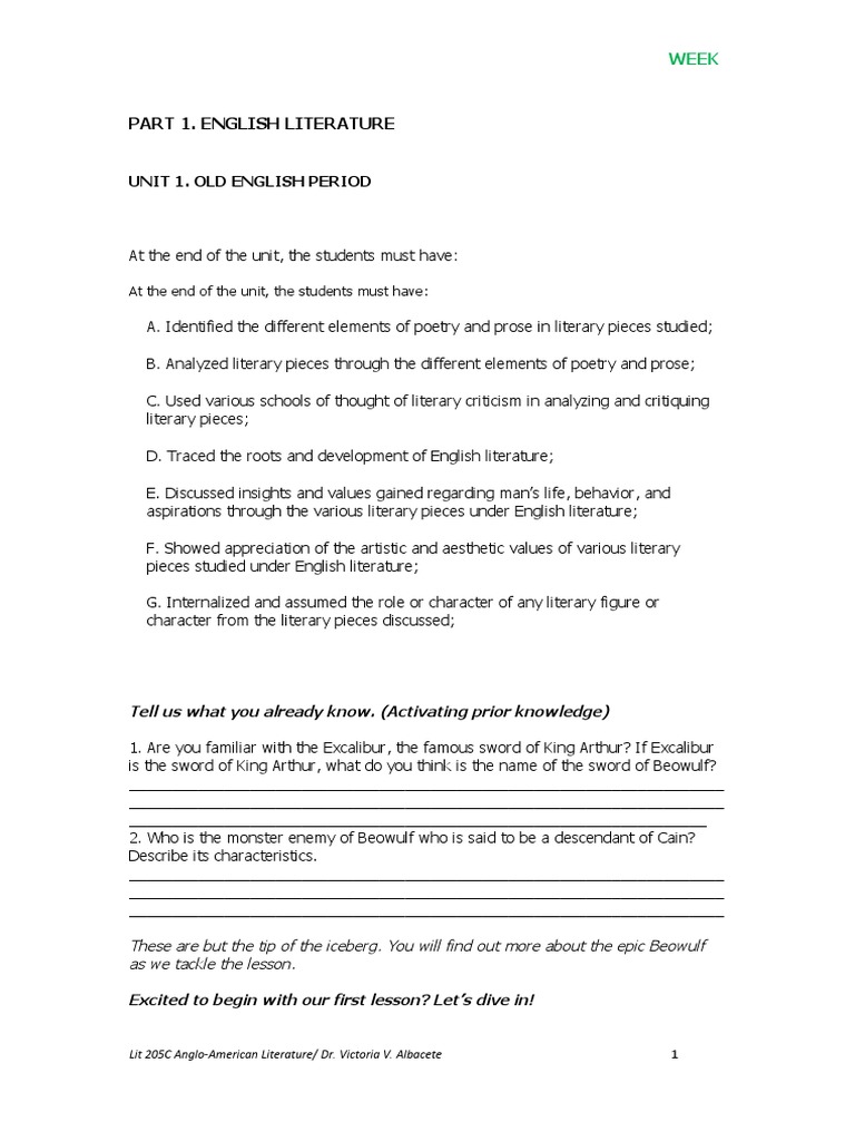 Part 1. English Literature: Unit 1. Old English Period | PDF | Beowulf ...