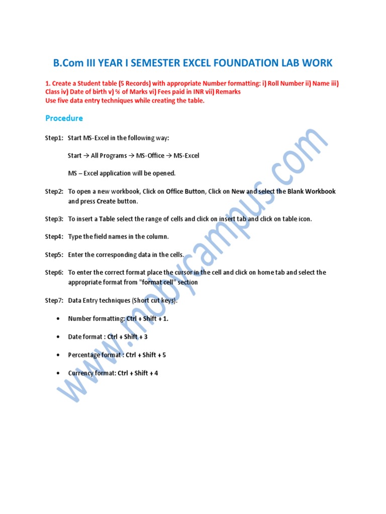 Bcom Excel Lab Tables Pdf Microsoft Excel Cursor User Interface
