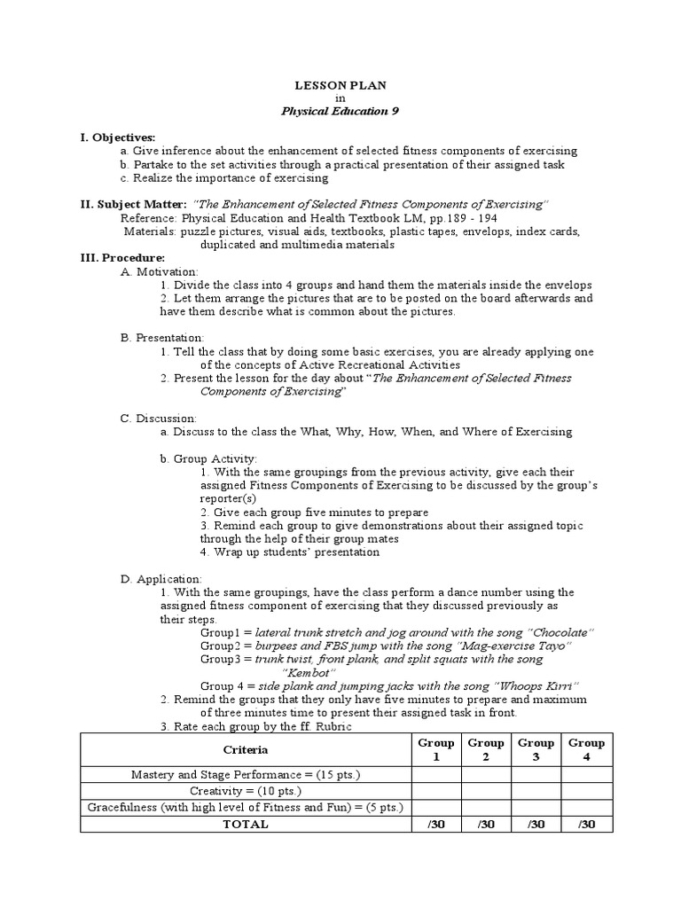 Lesson Plan: Physical Education 9 | PDF | Behavior Modification | Cognition