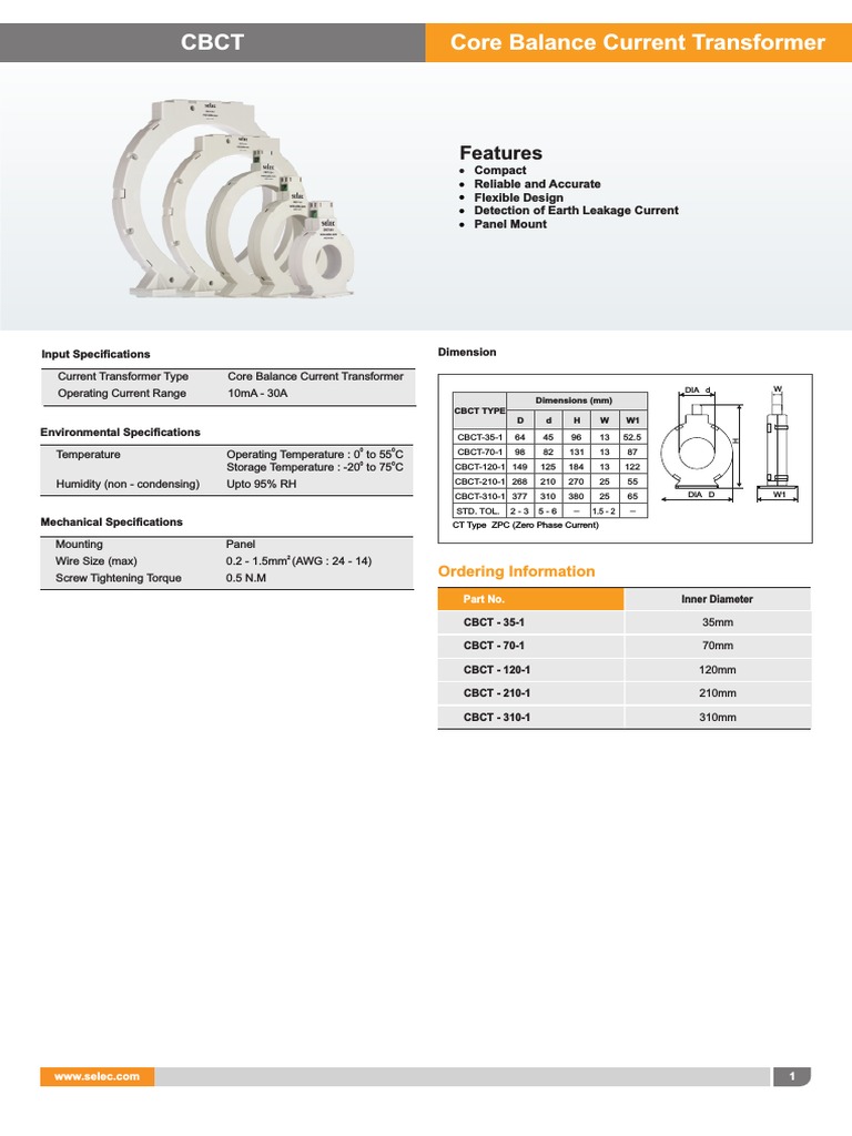 Core Balance Current Transformer CBCT: Features | PDF | Mechanical ...