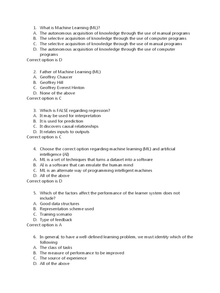 Machine Learning Quiz Questions | PDF | Artificial Neural Network ...