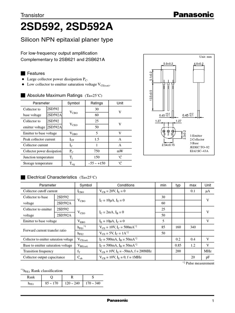 2SD592, 2SD592A: Silicon NPN Epitaxial Planer Type | PDF | Bipolar Junction Transistor ...