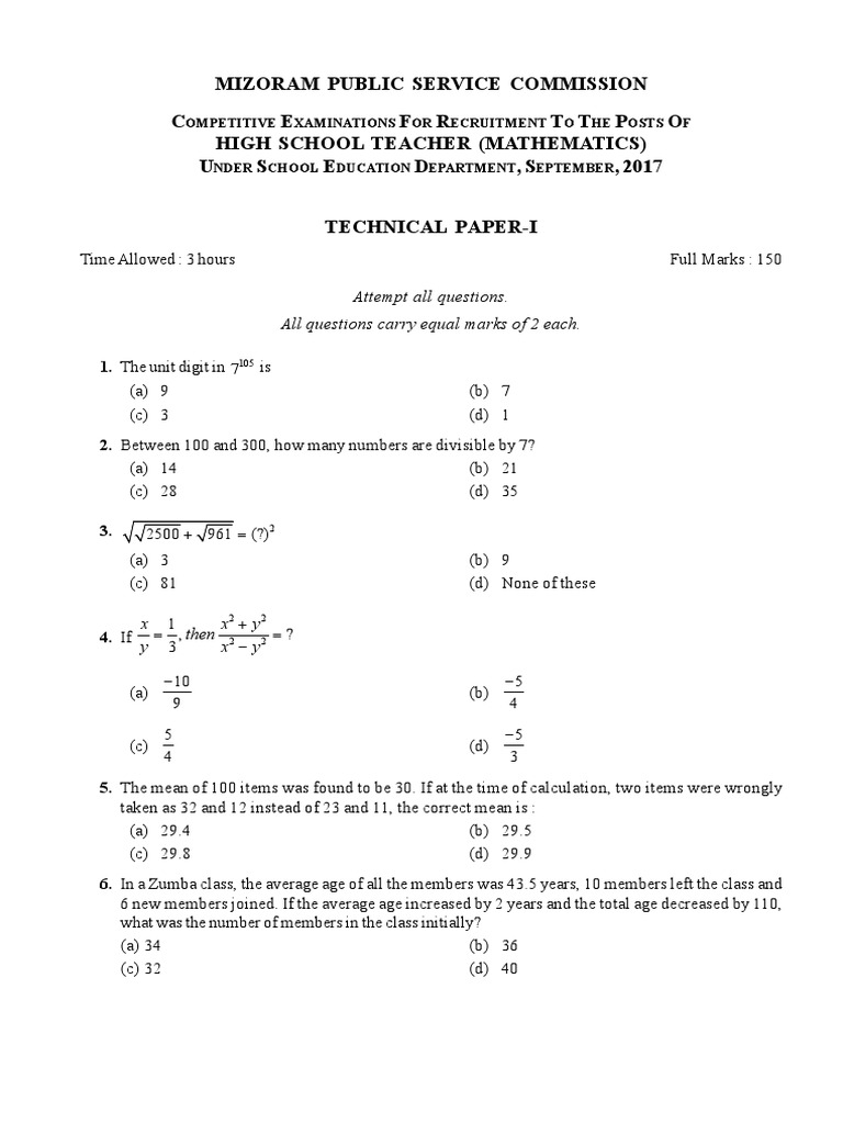 Paper I Mathematics High School Teacher 2017 | PDF | Tangent ...
