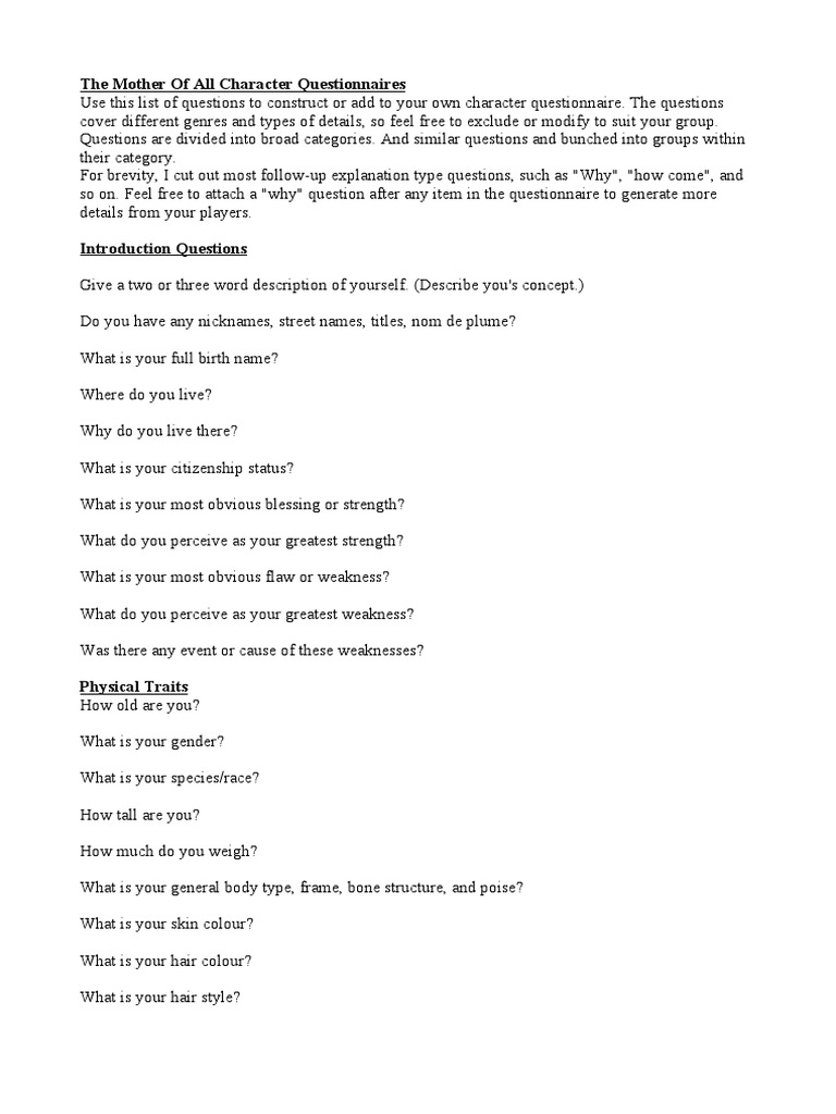 The Mother of All Character Questionnaires | Download Free PDF | Parent ...