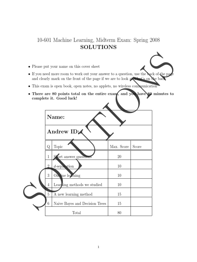 Solutions: 10-601 Machine Learning, Midterm Exam: Spring 2008 Solutions | PDF | Bias Of An ...