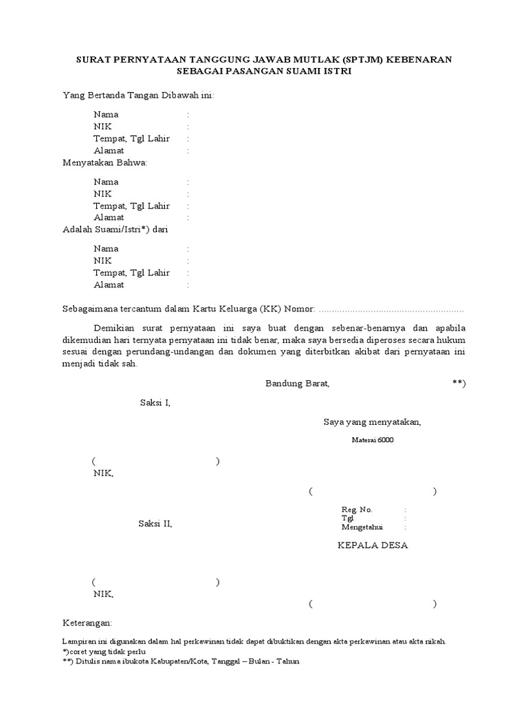 Contoh Formulir SPTJM Kebenaran Pasangan Suami Istri | PDF