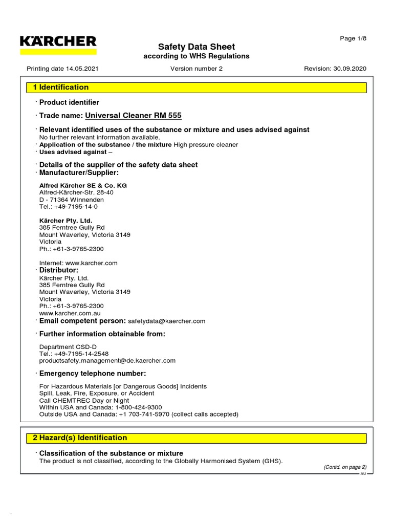 Safety Data Sheet: 1 Identification | PDF | Occupational Safety And ...