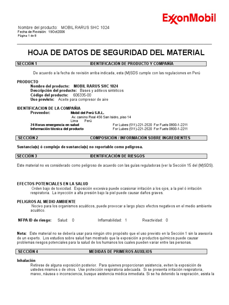 Mobil Rarus SHC 1024 | PDF | Administración de Seguridad y Salud ...