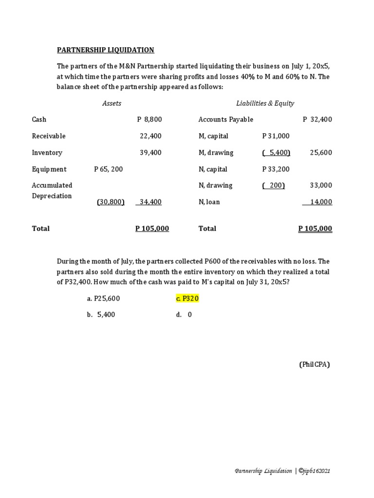 Partnership Liquidation: Assets Liabilities & Equity | PDF | Book Value ...