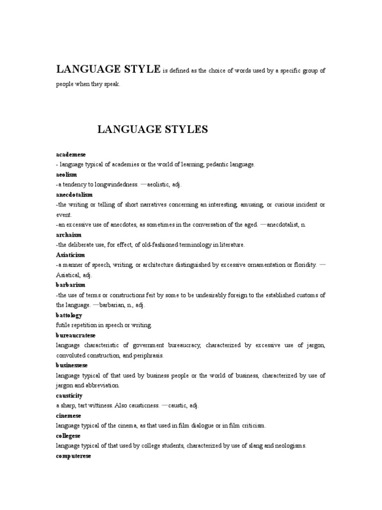Language Style: Academese Aeolism Anecdotalism | PDF | Linguistics ...