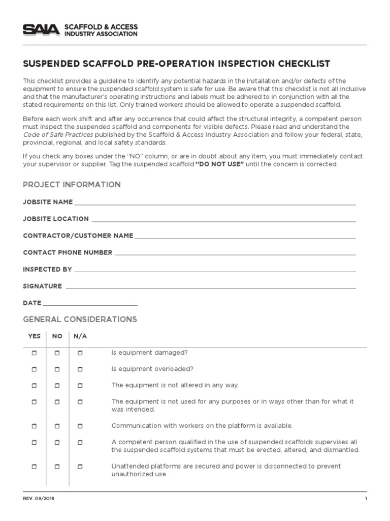 Climber or Suspended Scaffold Inspection Checklist | PDF | Scaffolding ...
