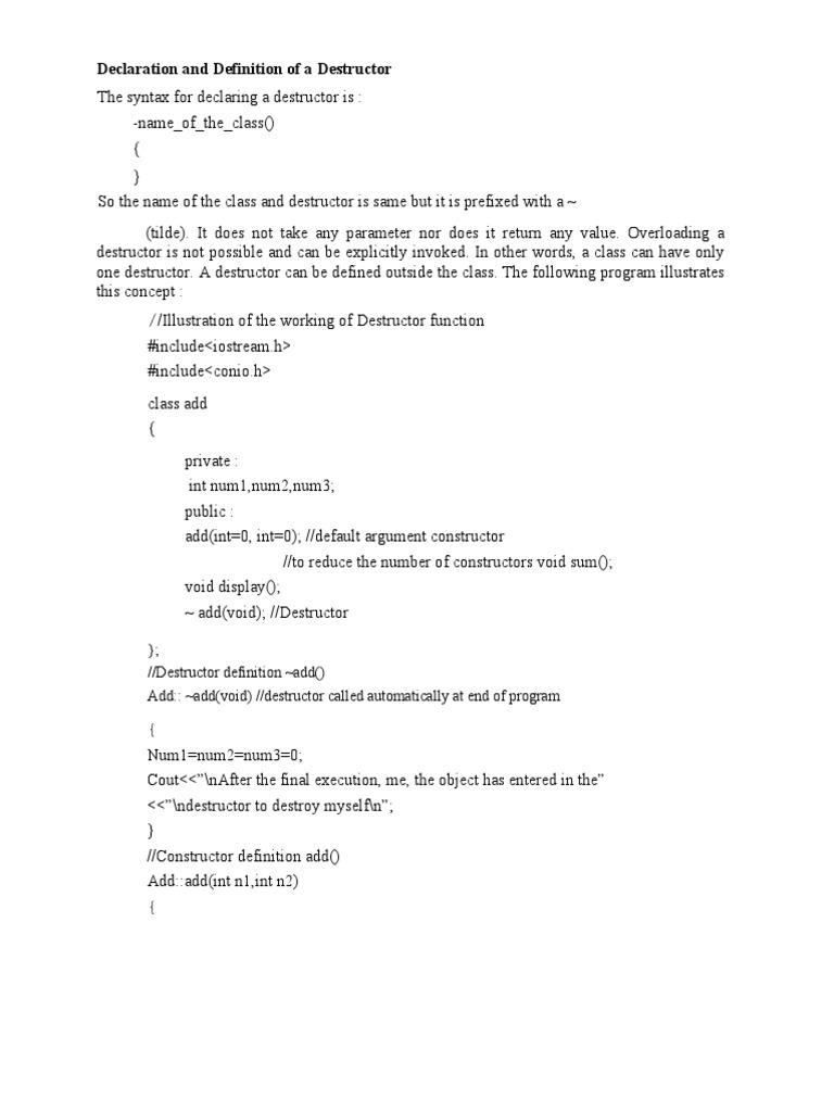 Declaration and Definition of A Destructor | PDF | Parameter (Computer ...