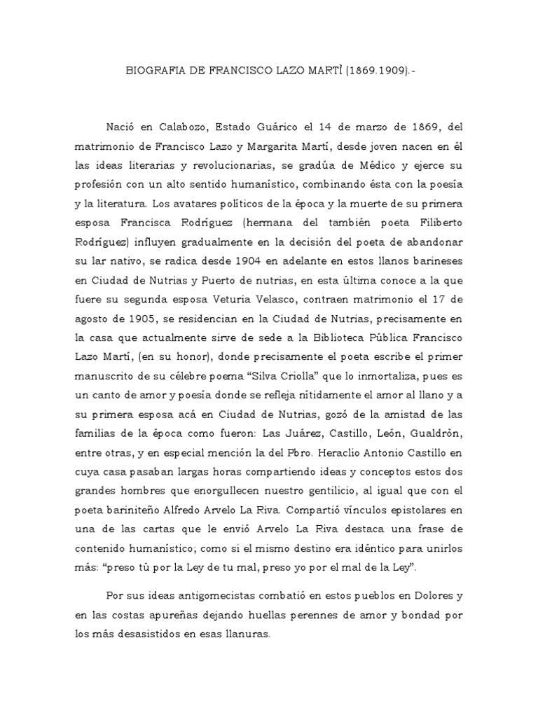 Biografia de Francisco Lazo Martì (1.869-1.909) | PDF | Historia