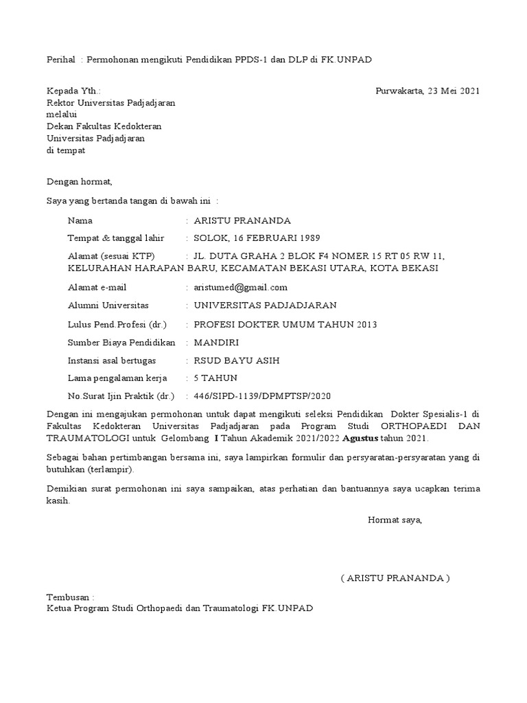 Surat Permohonan Untuk Mengikuti Program Pendidikan Dokter Spesialis-1 ...