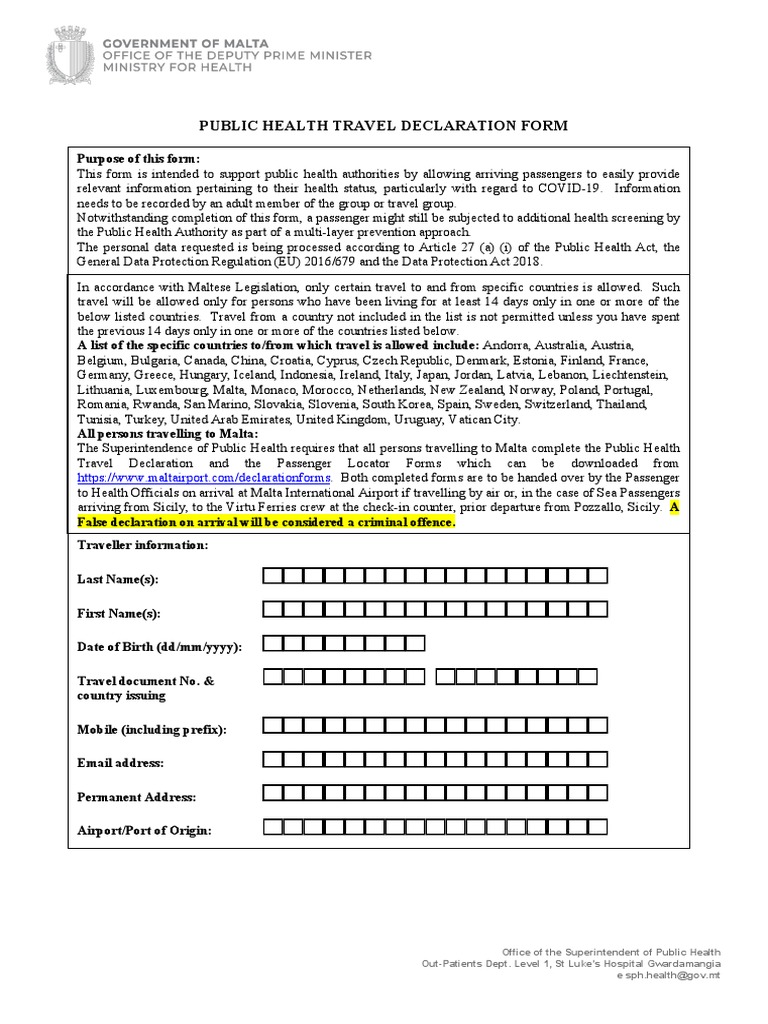 Public Health Travel Declaration Form | PDF | Malta | Wellness