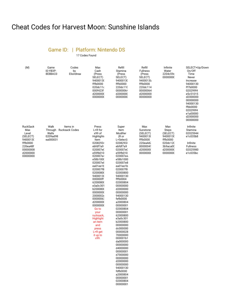 Cheat Codes For Harvest Moon - Sunshine Islands On Nintendo DS ...