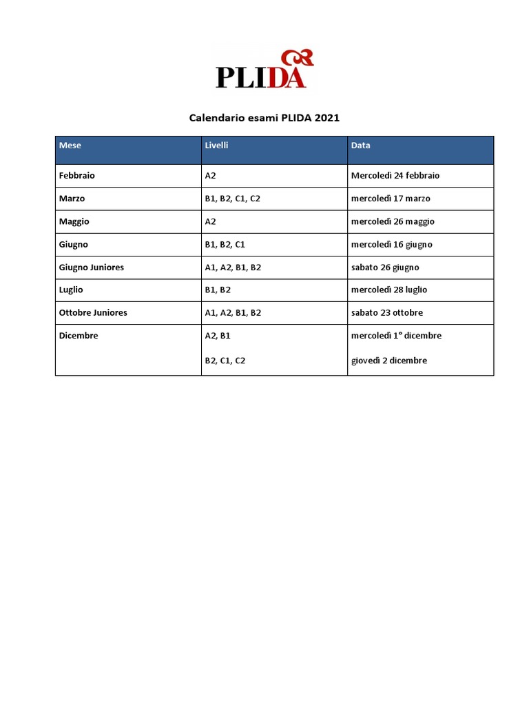 Calendario Esami PLIDA 2021 | PDF