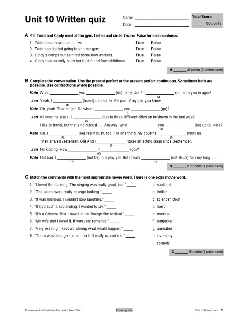 Touchstone 3 Unit 10 General | PDF