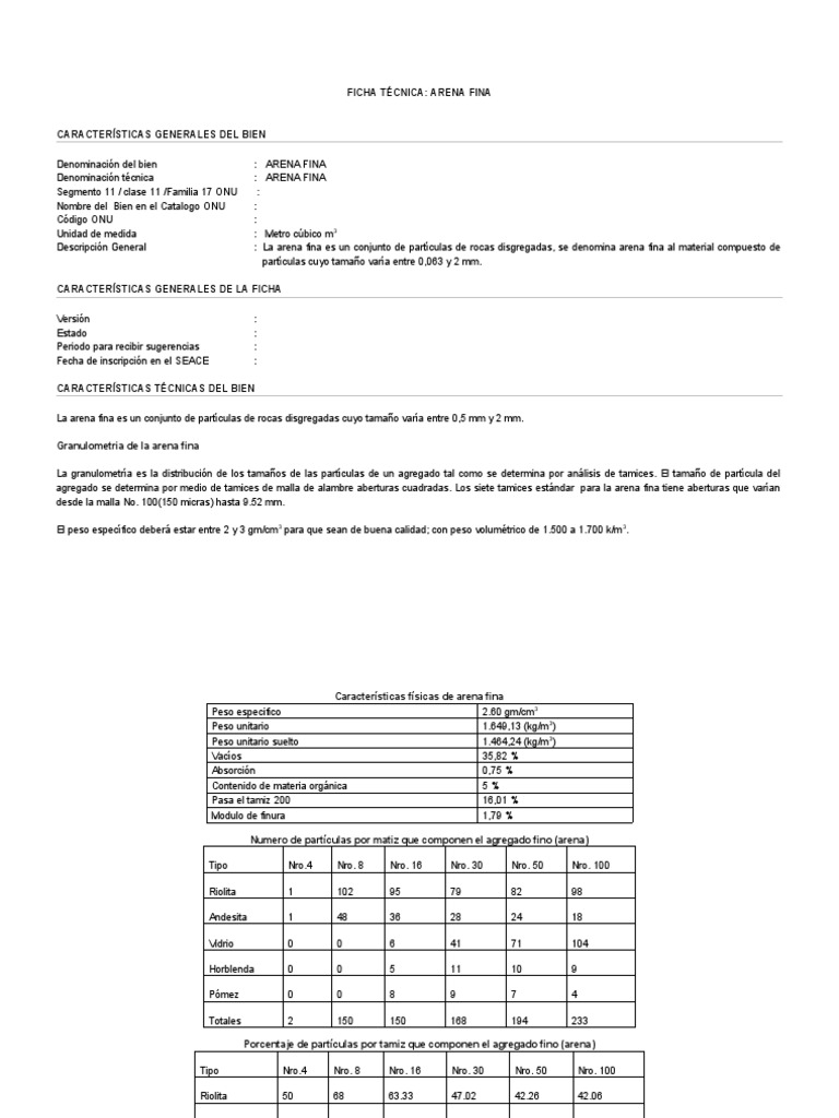Ficha Tecnica Arena Fina 0 0-5-40 0 C D | Descargar gratis PDF | Arena | Suelo