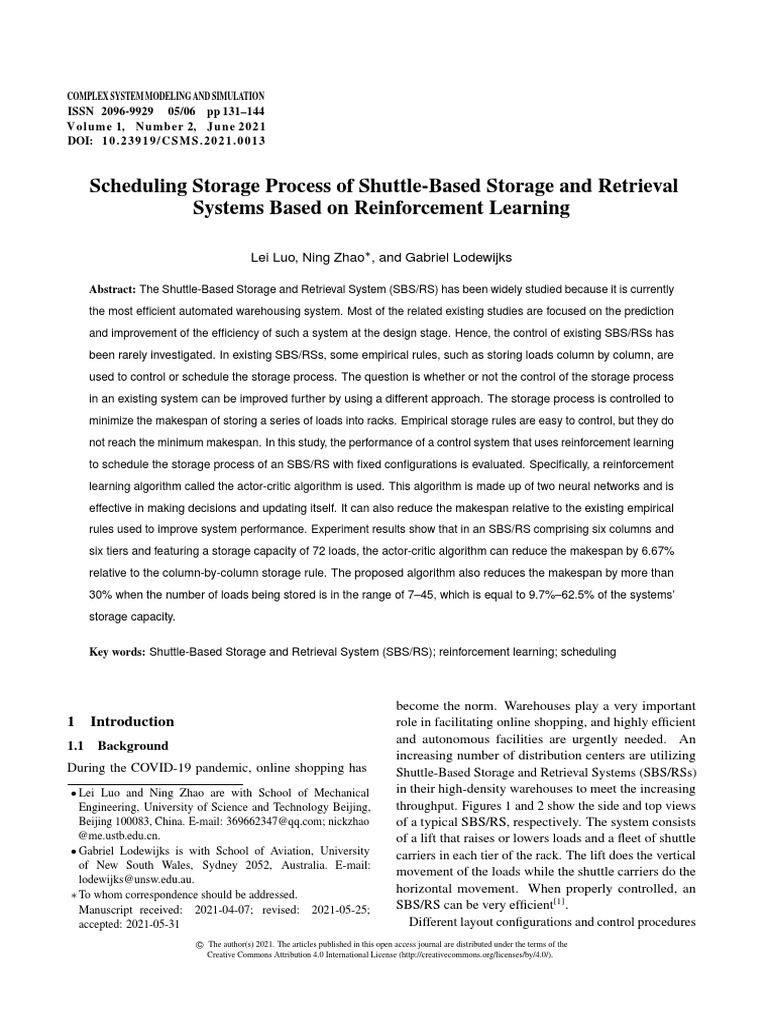 Scheduling Storage Process of Shuttle-Based Storage and Retrieval Systems Based On Reinforcement ...