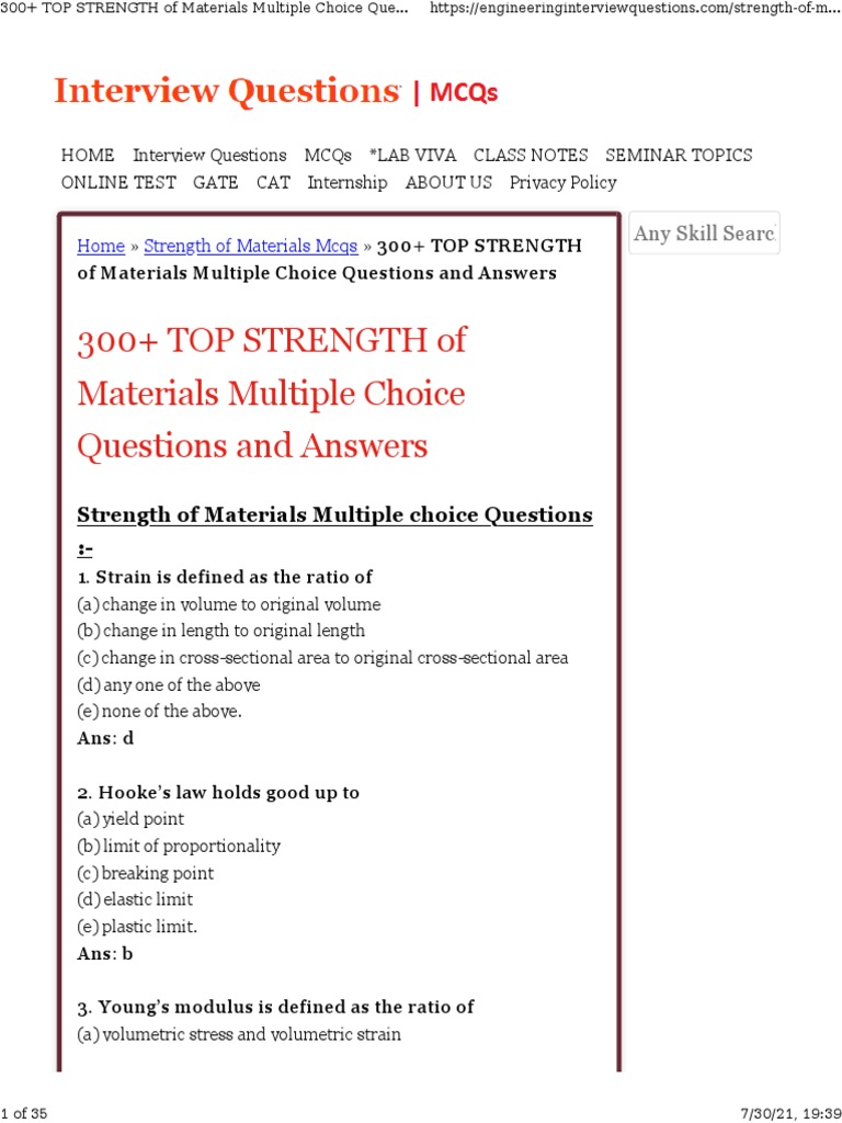 300+ TOP STRENGTH of Materials Multiple Choice Questions and Answers ...