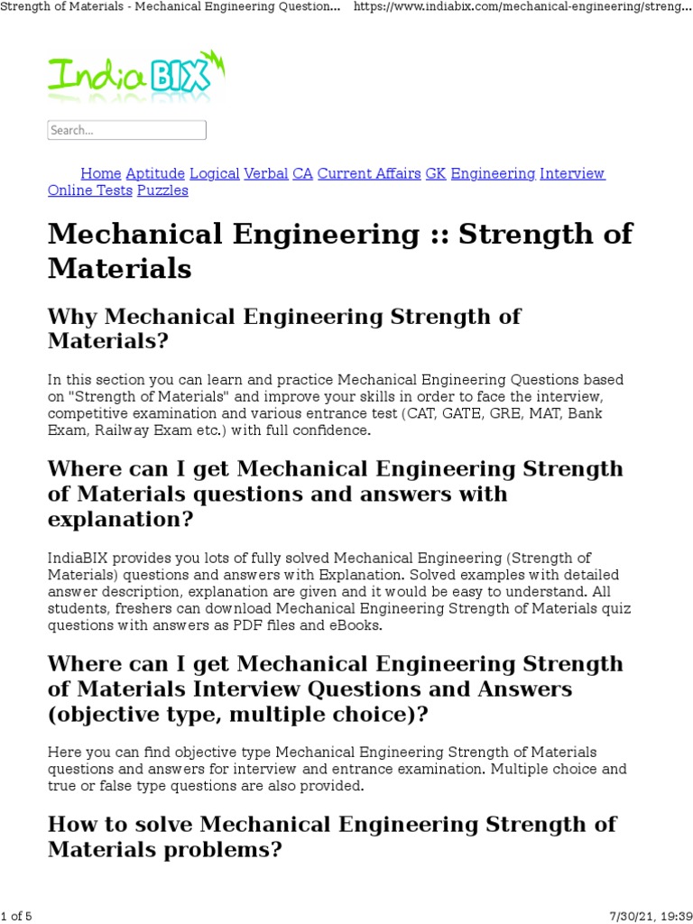 Strength of Materials - Mechanical Engineering Questions and Answers ...