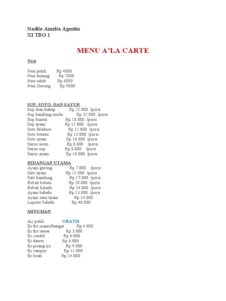 Contoh Menu A'la Carte Dan Table D'hote | PDF