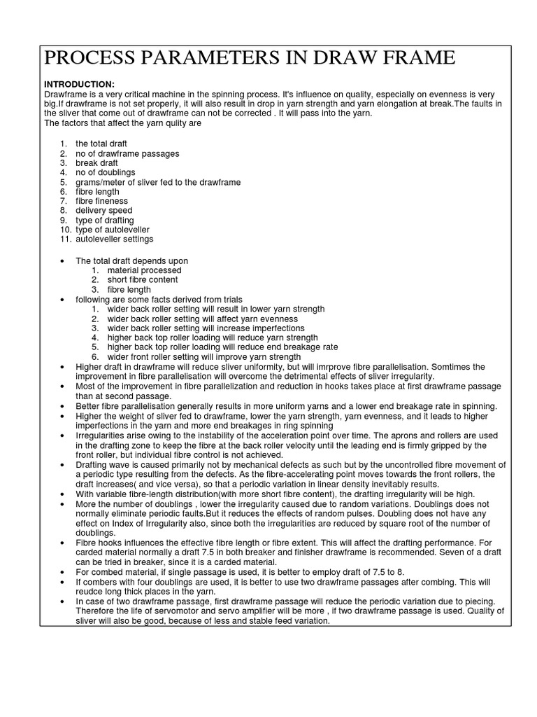 Draw Frame Process Parameters Overview | PDF | Yarn | Spinning (Textiles)