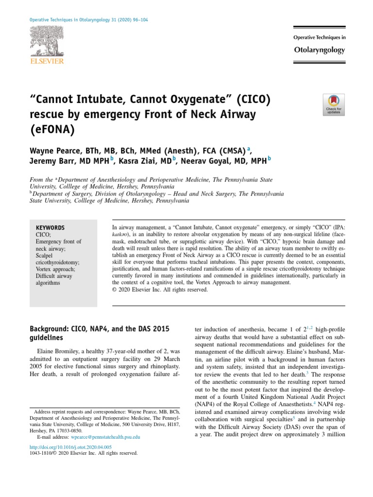 Cannot Intubate, Cannot Oxygenate" (CICO) Rescue by Emergency Front of ...