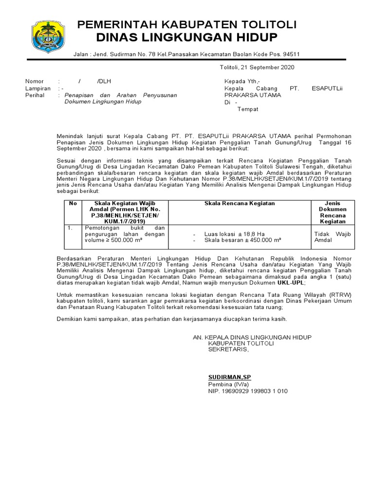 Surat Penampisan UKL - Upl | PDF