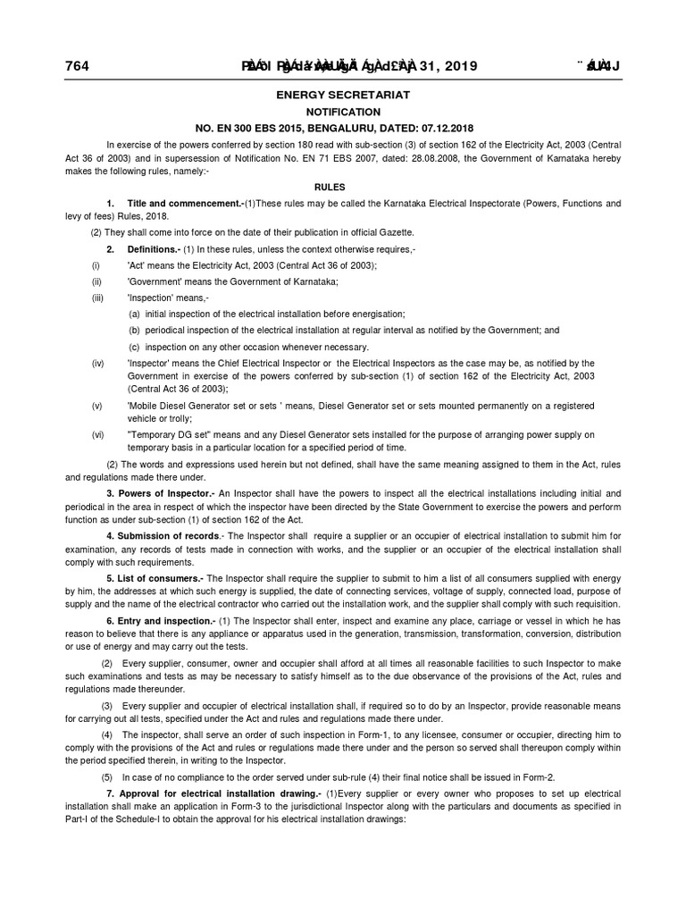 Karnataka Electrical Inspectorate) Rules, 2018 | PDF | Electrical ...