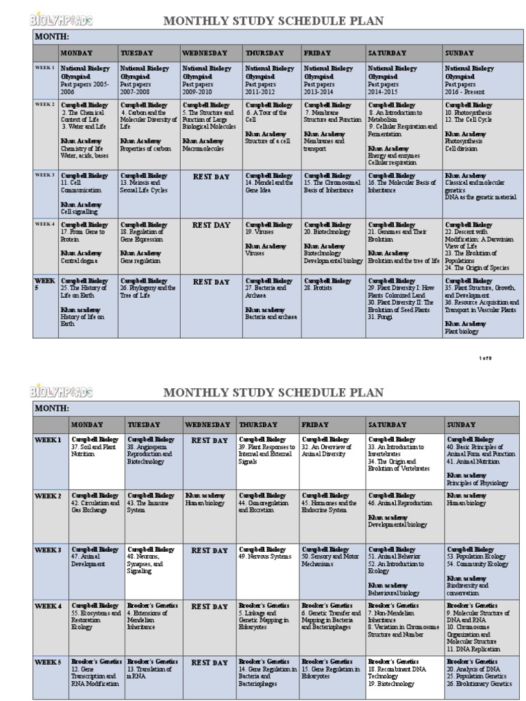 Monthly Study Schedule Plan: Month | PDF | Genetics | Cell (Biology)