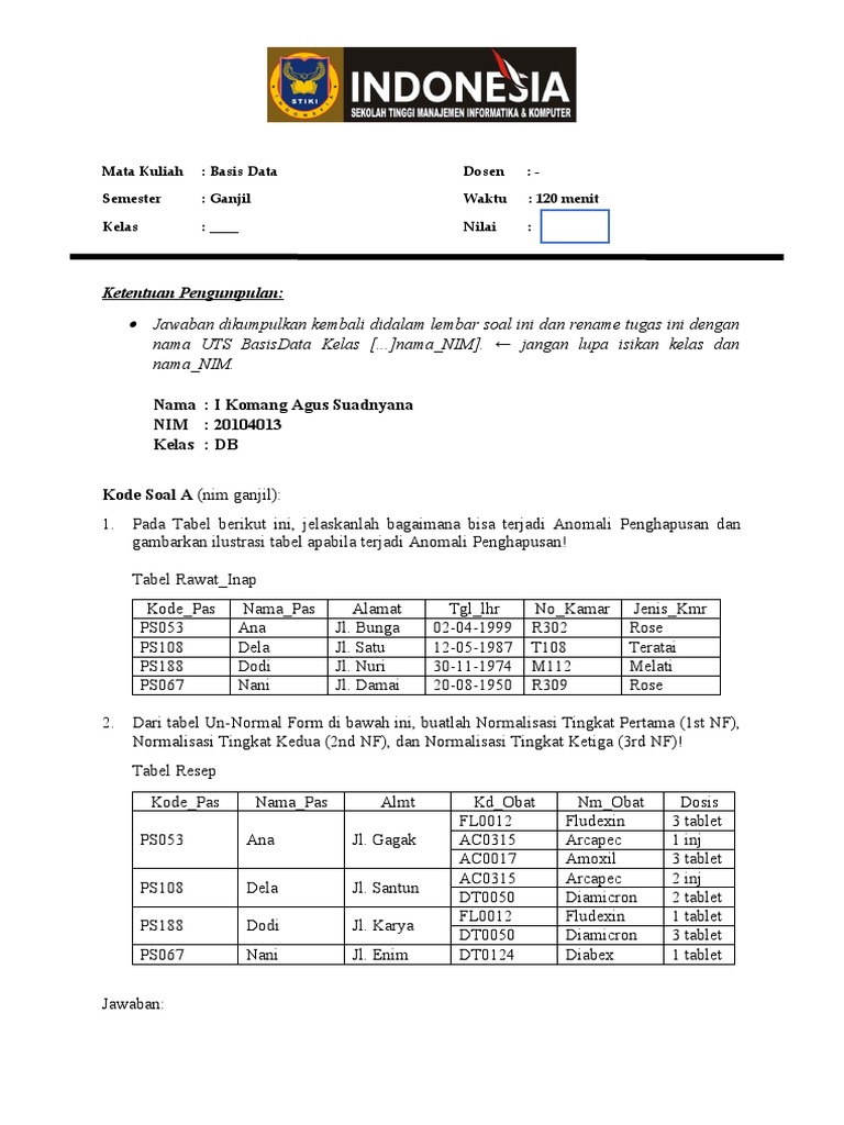 UTS BasisData Kelas ... (Nama - Nim) Kode Soal A | PDF