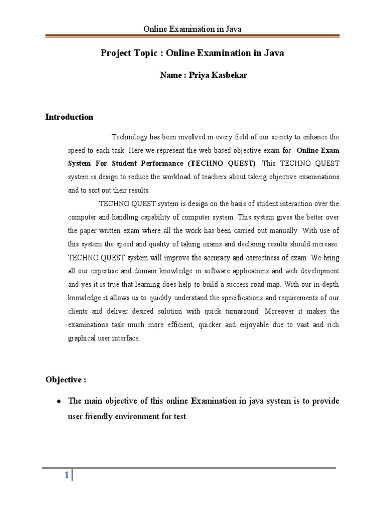 Project Topic: Online Examination in Java: Name: Priya Kasbekar | PDF ...