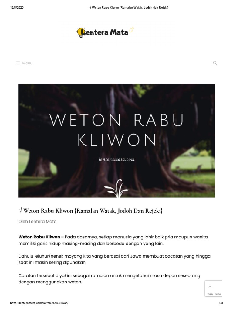 Weton Rabu Kliwon (Ramalan Watak, Jodoh Dan Rejeki) | PDF