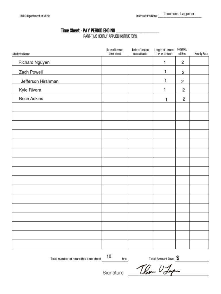 UMBC Music Instructor Time Sheet | PDF