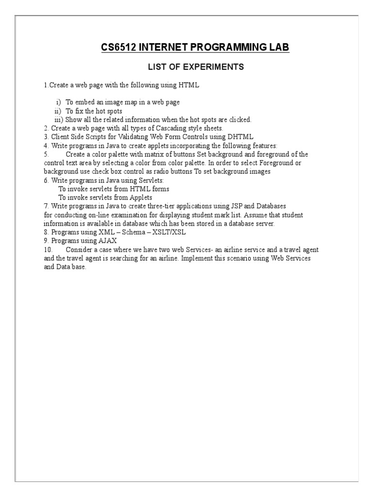Cs6512 Internet Programming Lab: List of Experiments | PDF | World Wide Web | Internet & Web