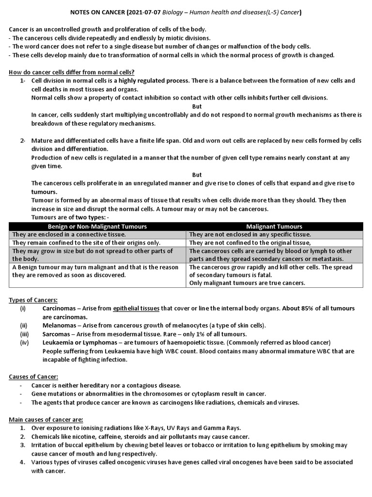 Notes On Cancer (Class XII) | PDF | Neoplasms | Immunotherapy