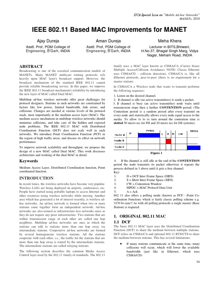IEEE 802.11 Based MAC Improvements For MANET: Ajay Dureja Aman Dureja ...