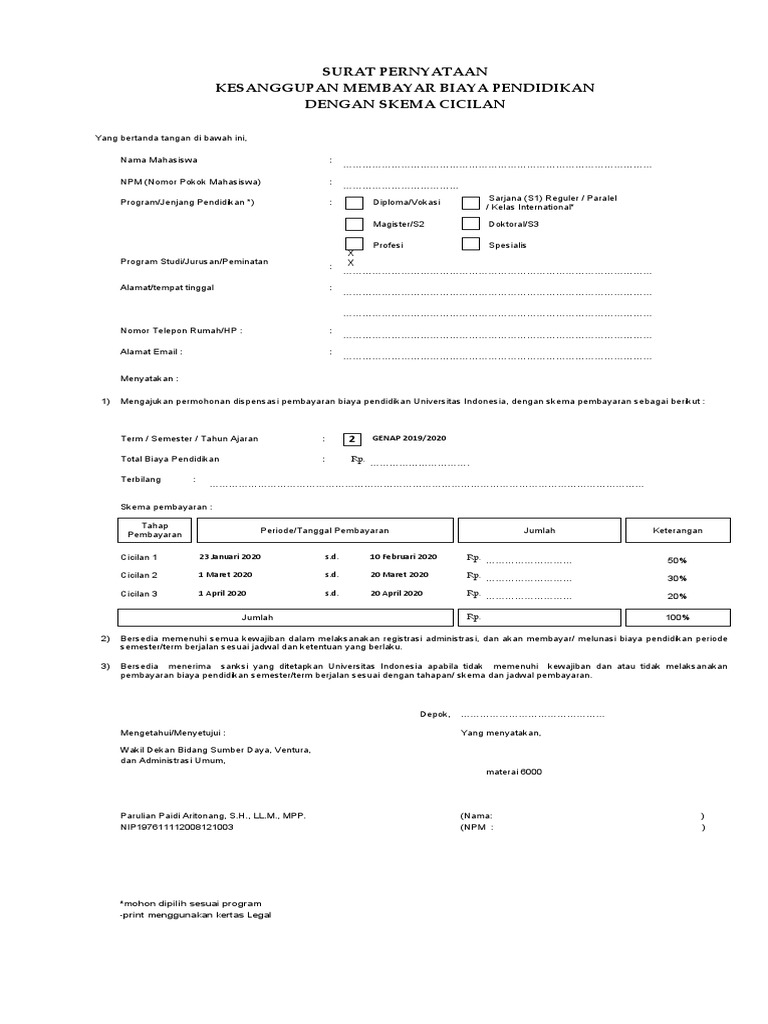 Form Pengajuan BOP Cicilan Semester Genap 2020 | PDF