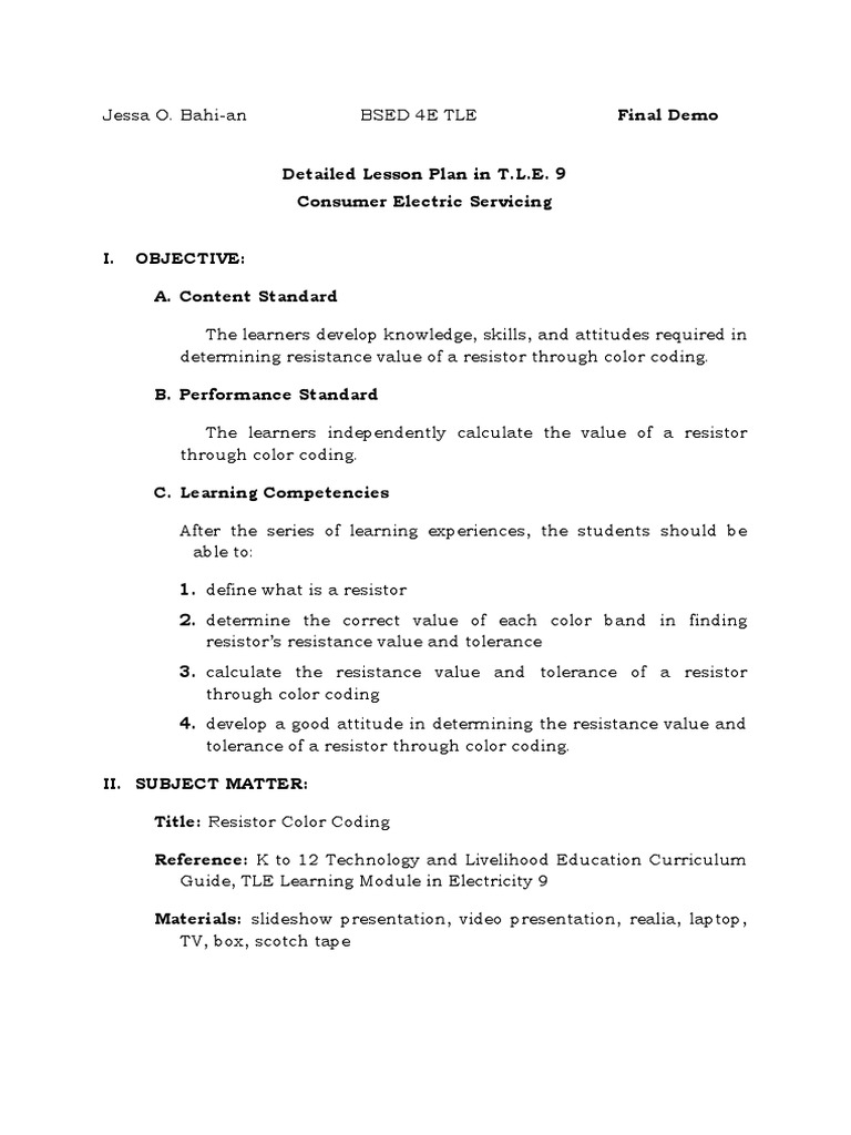 Detailed Lesson Plan (Resistor Color Coding) | PDF | Resistor ...
