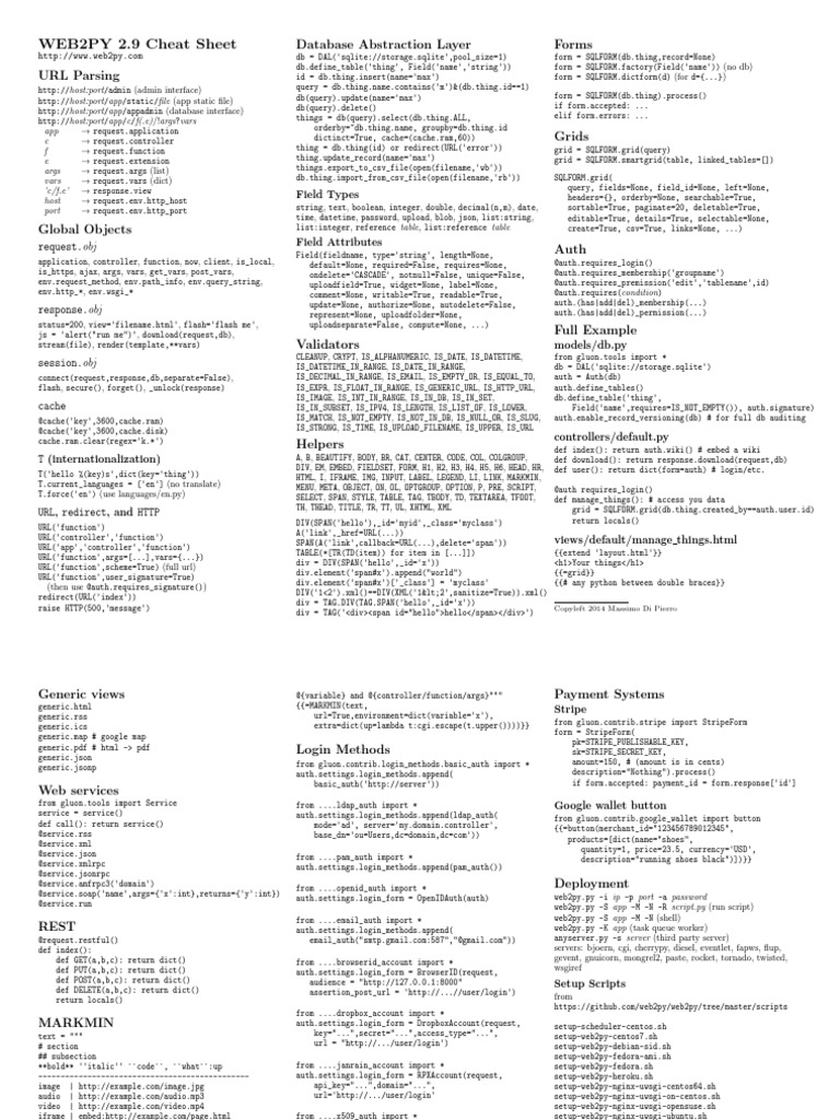 WEB2PY 2.9 Cheat Sheet: Database Abstraction Layer Forms | PDF | Html ...
