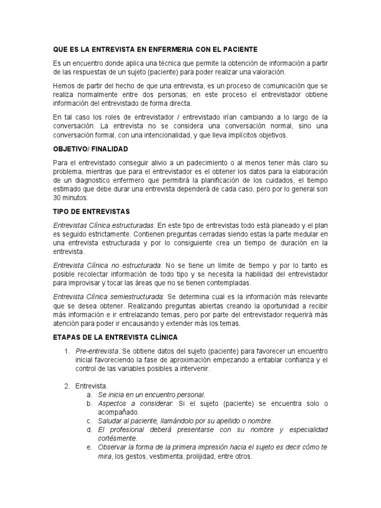 Entrevista de Enfermera A Paciente | PDF | Información | Enfermería