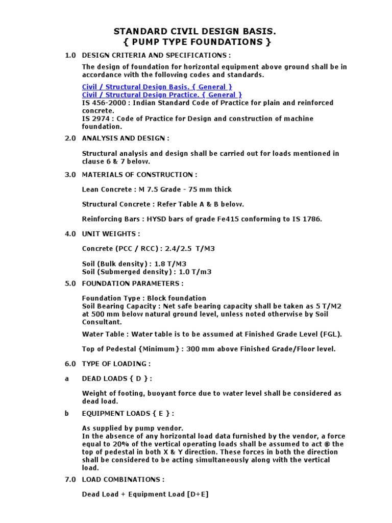 Standard Civil Design Basis - Pump Foundations | PDF | Foundation ...