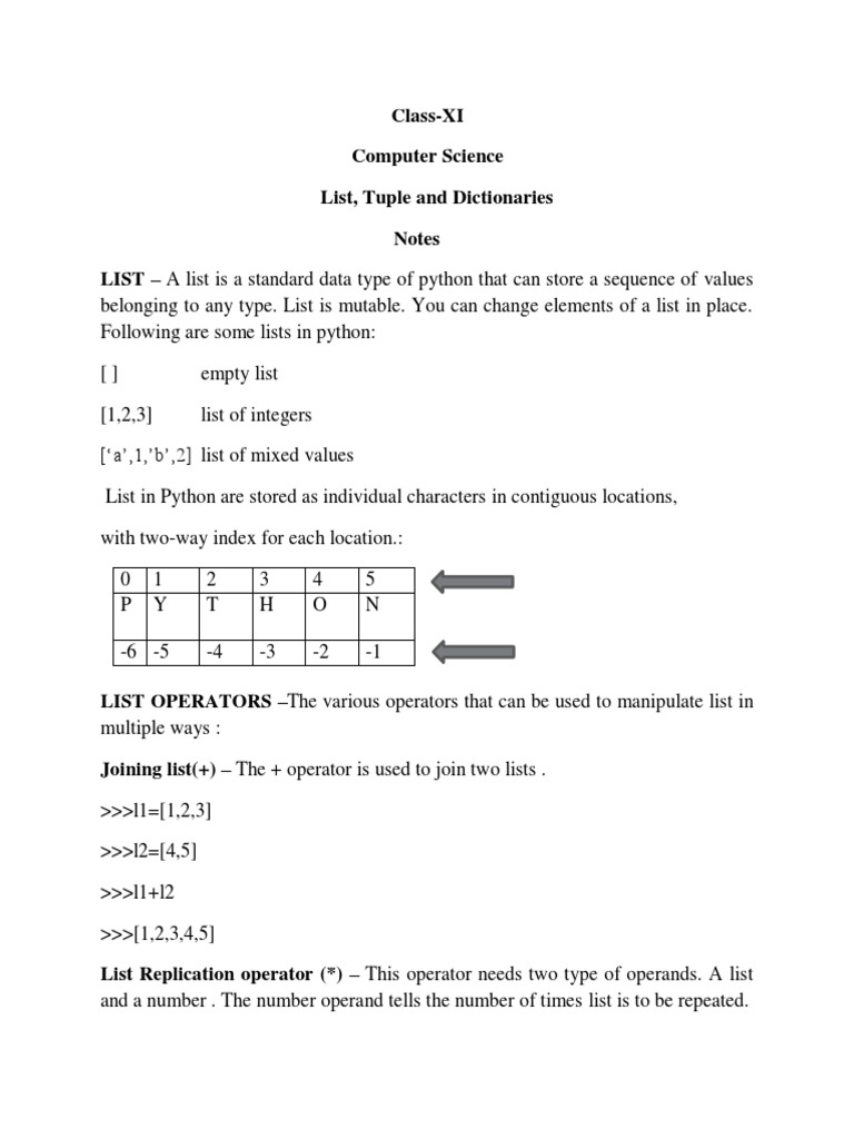 11computer Science-List, Tuple and Dictionaries-Notes | PDF | String ...
